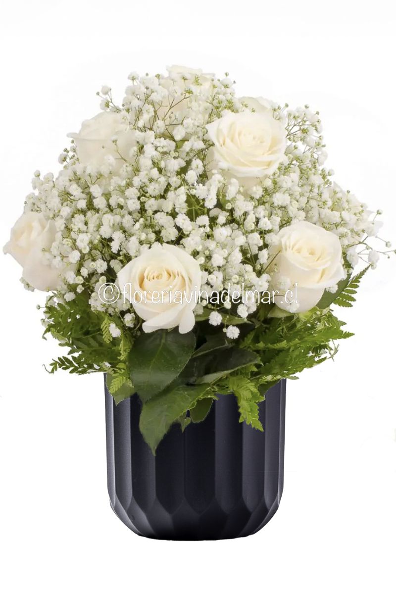 Base negra con 10 Rosas Blancas Ecuatorianas